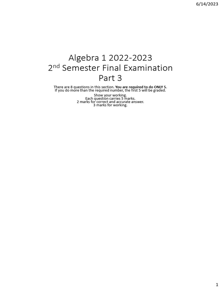 Algebra 1 2223 Semester 2 Exam Part 3 | PDF | Length | Algebra