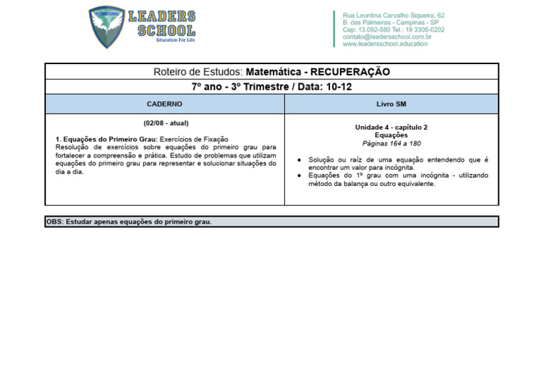 REC - Roteiro de Estudos - Matemática - 7° Ano | PDF