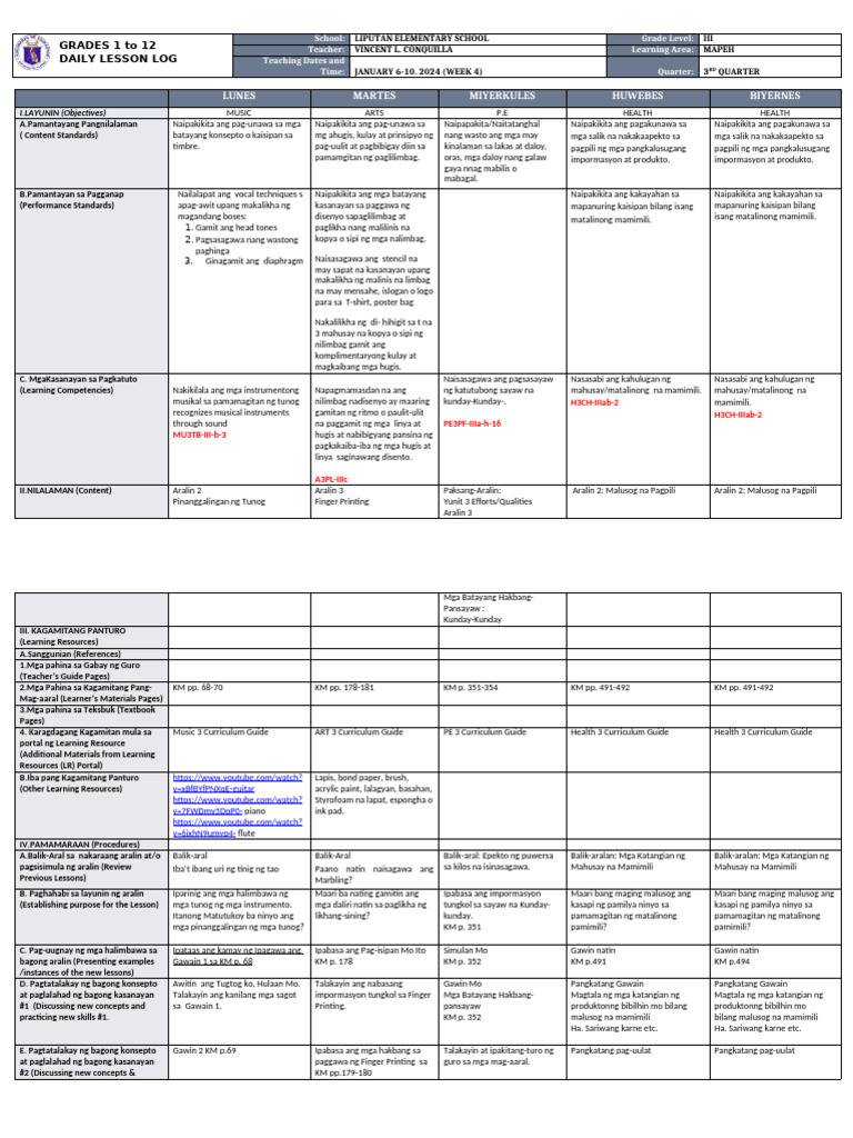 DLL - Mapeh 3 - Q3 - W4 | PDF