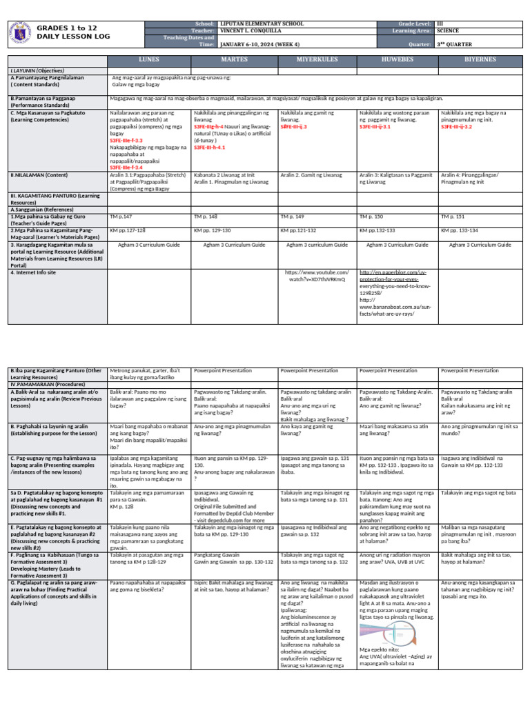 DLL - Science 3 - Q3 - W4 | PDF
