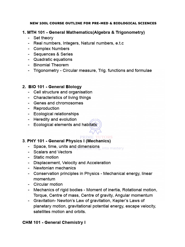Pre-Med & Biological Sciences Course Outline | PDF