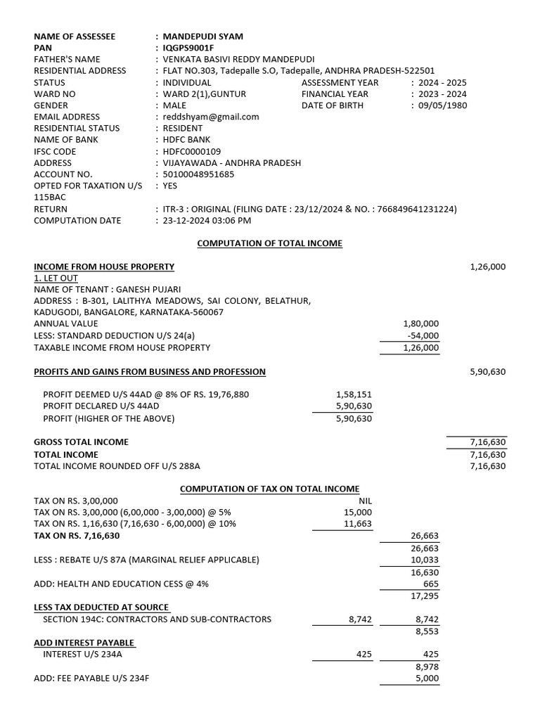 Computation of TI FY 2023-24 | PDF | Taxes | Income