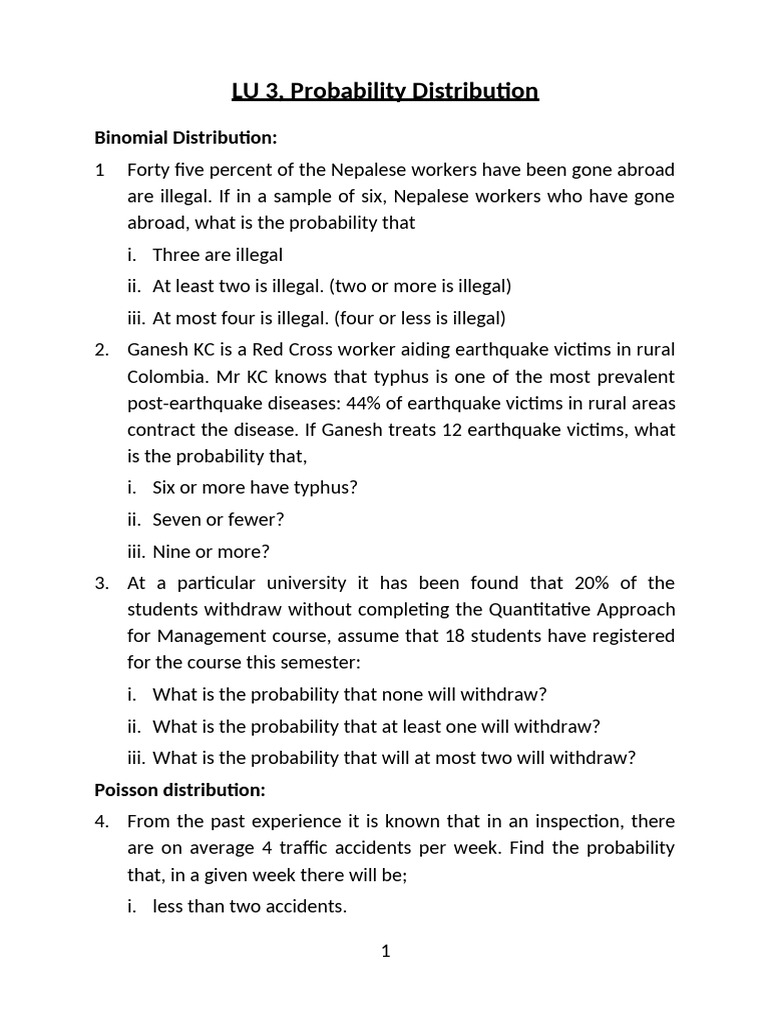 LU 3, Probability Distribution-20 Marks | PDF | Standard Deviation | Poisson Distribution