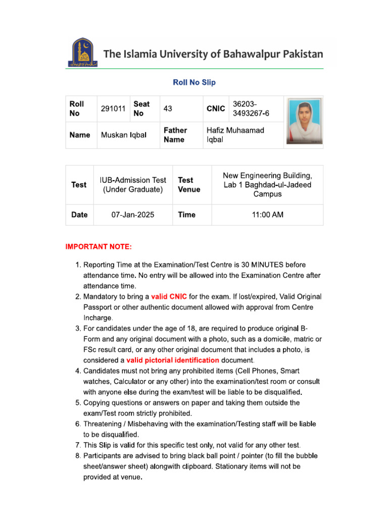Roll No Slip Iub | PDF