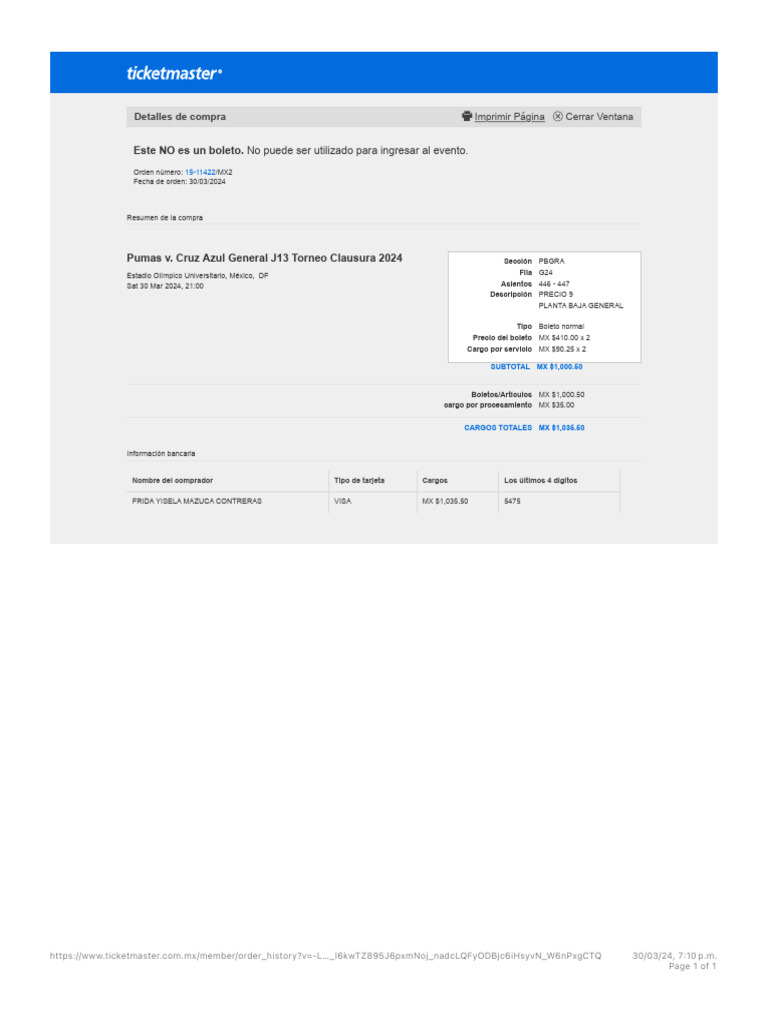 Ticketmaster Member Services - Print Receipt | PDF