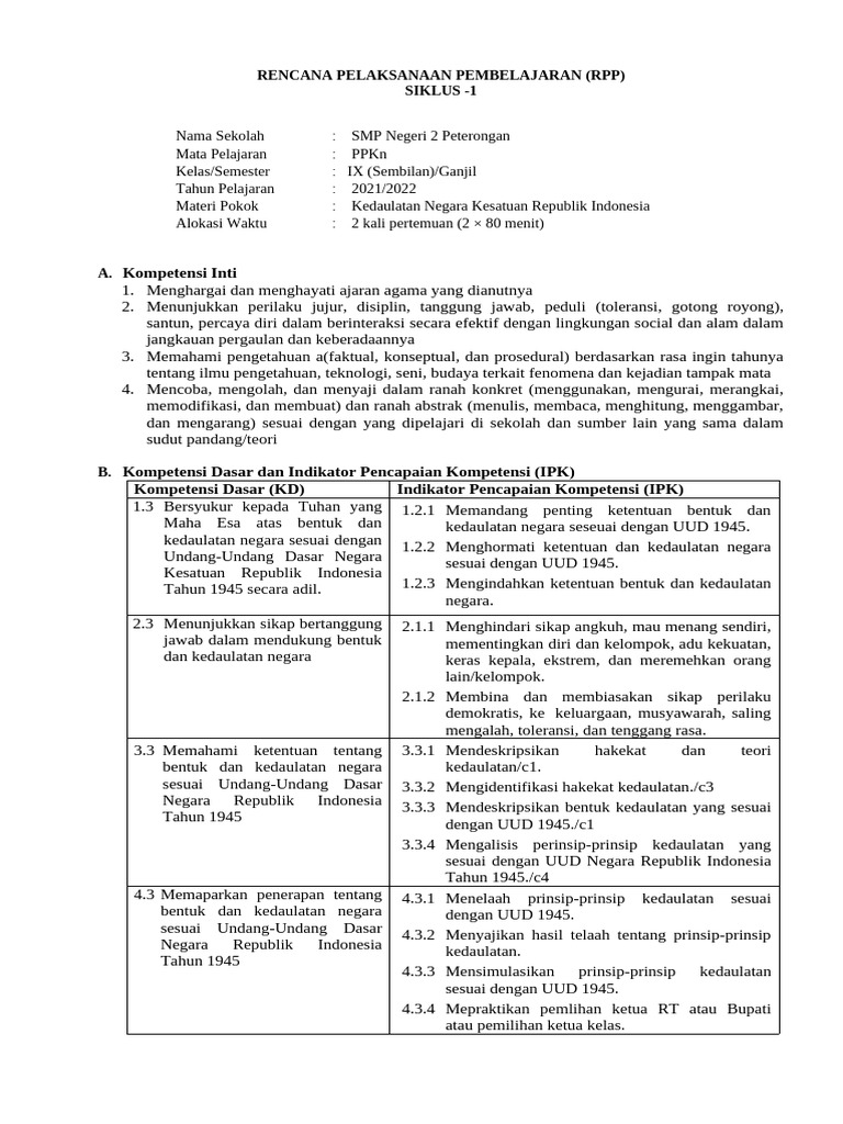 RPP PPKn Siklus 1 | PDF