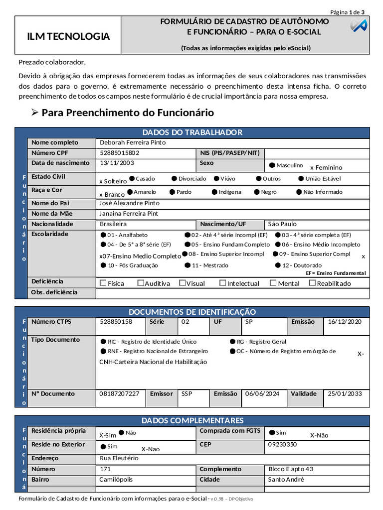 1.FORMULÁRIO PARA CADASTRO DO TRABALHADOR NO E-SOCIAL BASE | PDF | Brasil