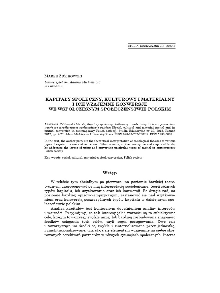Kapita Y Spo Eczny, Kulturowy I Materialny I Ich Wzajemne Konwersje We Wspó Czesnym Spo Ecze ...