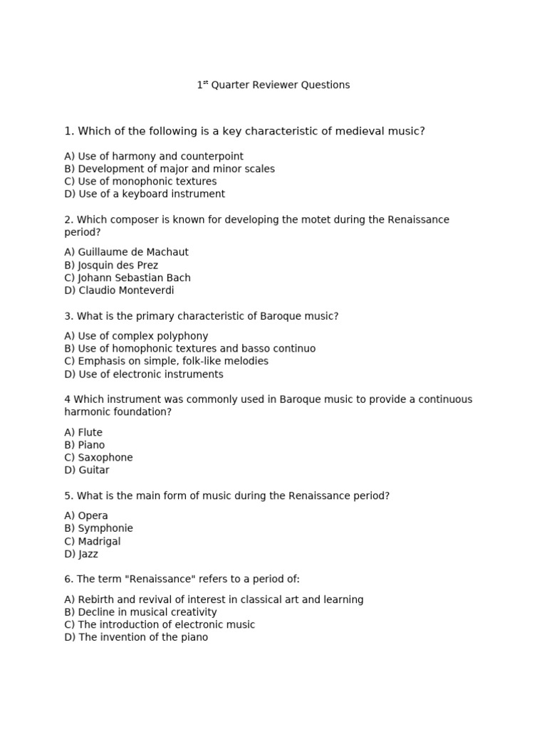 1st Quarter Reviewer Questions | PDF | Baroque Music | Realism (Arts)