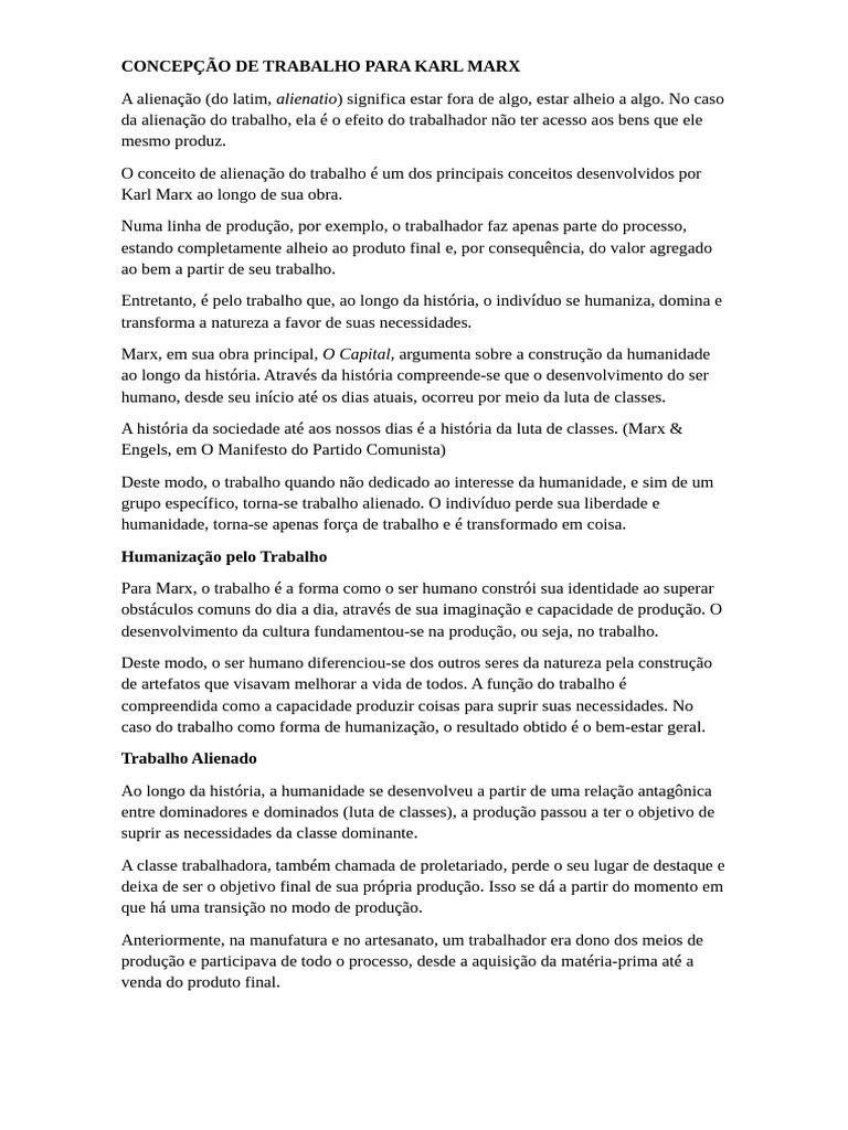 Concepção de Trabalho para Karl Marx | PDF | Teoria da Alienação de ...