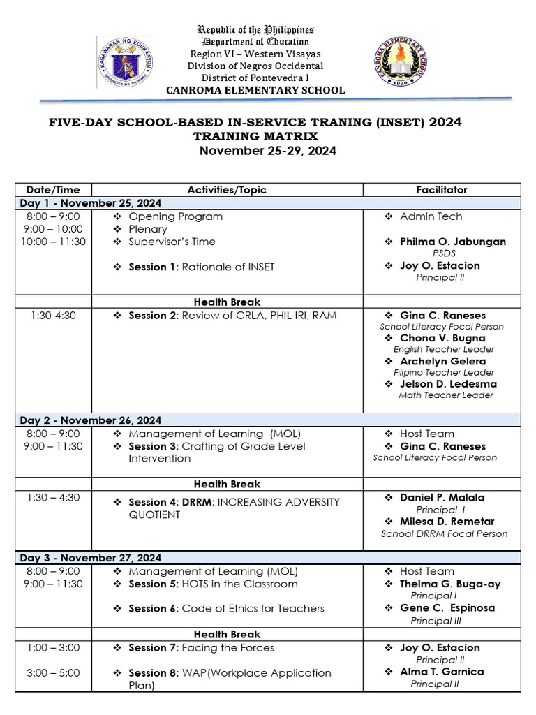3 Day INSET Training Matrix | PDF | Pedagogy | Teaching