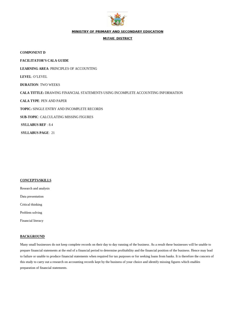 Accounts Cala 4 Mutare District | PDF | Accounting | Critical Thinking