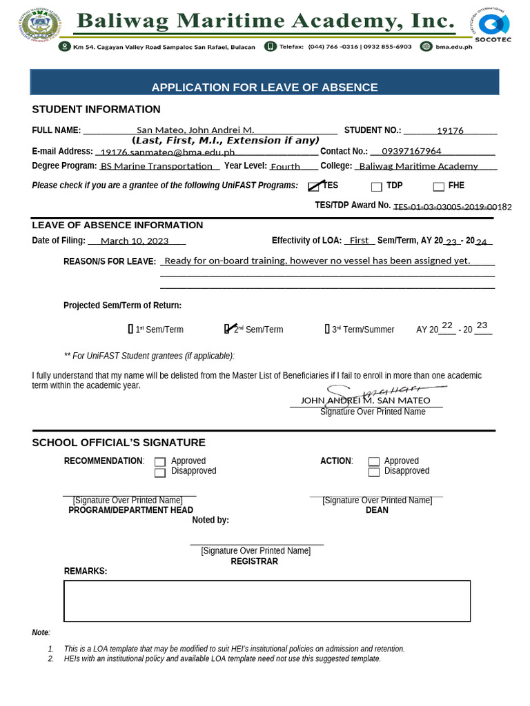 LOA - San Mateo John Andrei M 2023 | PDF