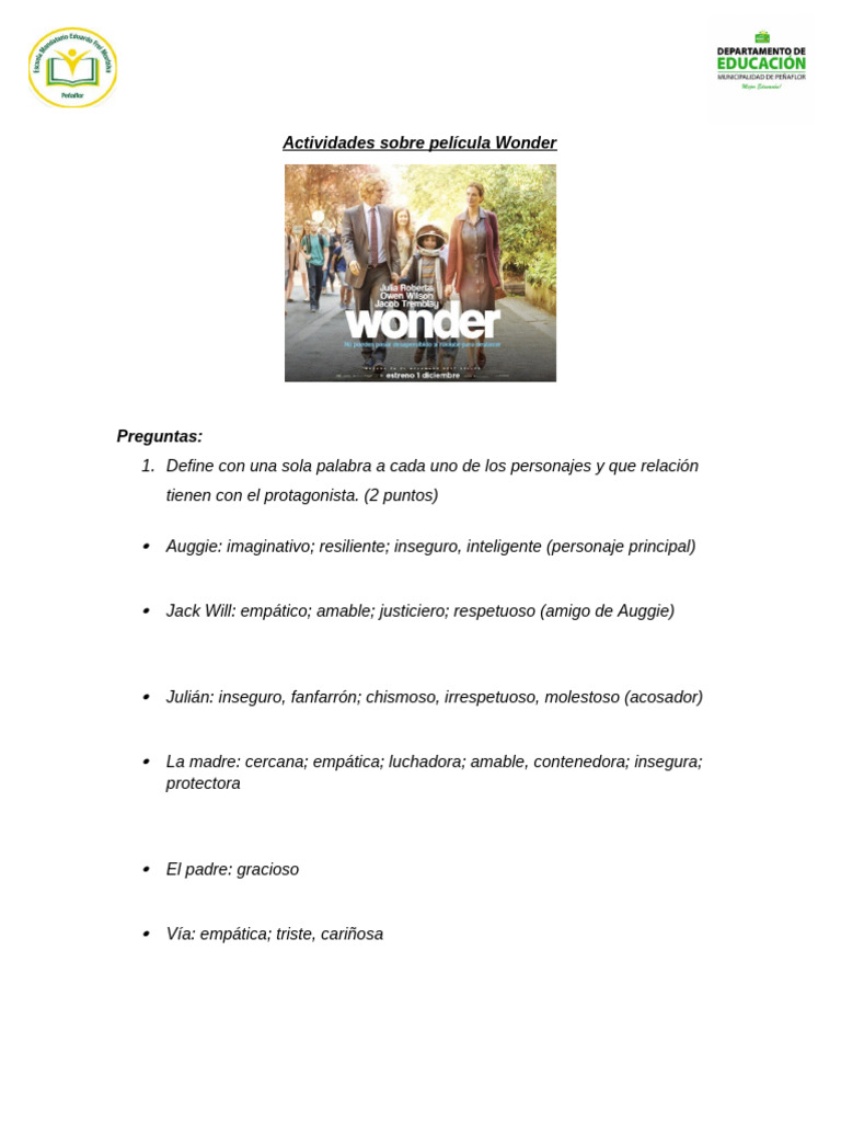 Actividades sobre la película Wonder | PDF