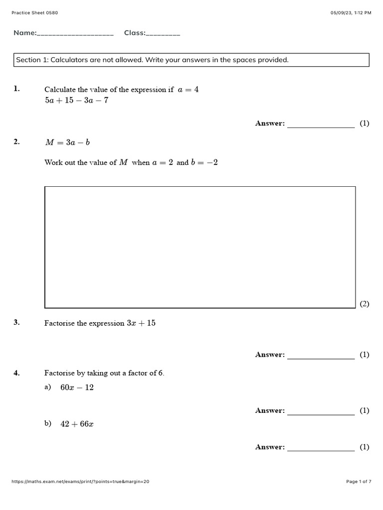 Practice Sheet 0580 | PDF | Factorization | Mathematical Objects