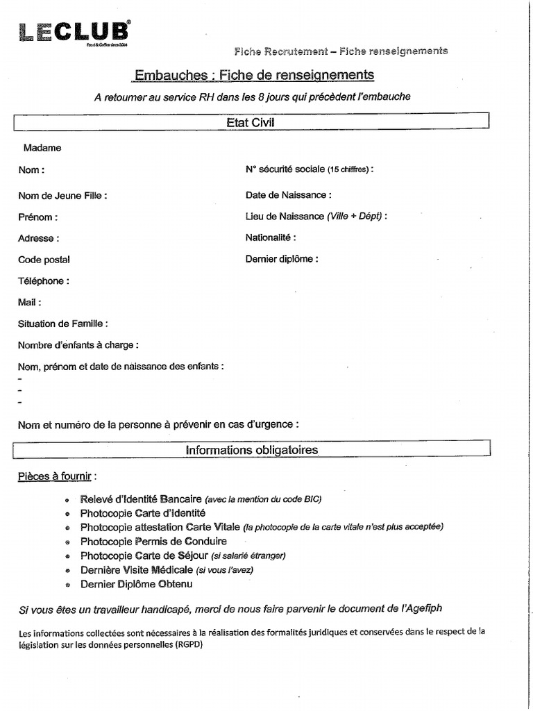 Fiche de renseignements embauche | PDF