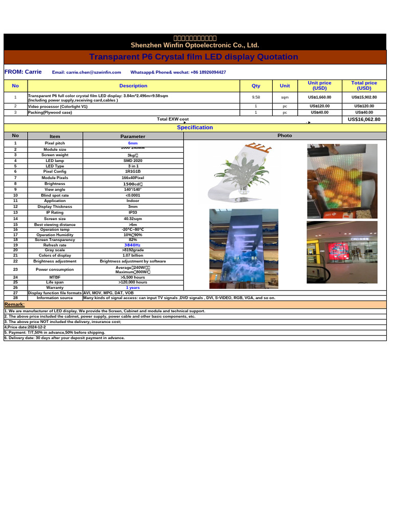 Transparent Crystal Film Screen P6 Quotation | PDF | Display Technology | Electronics