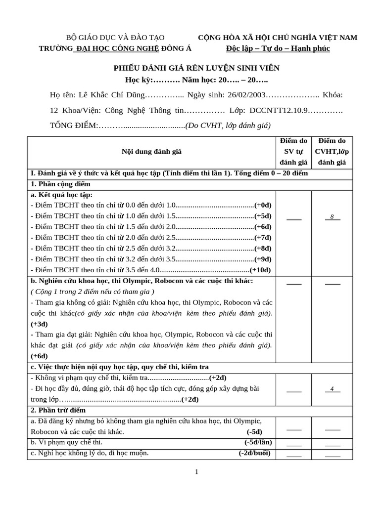 BM01 CTSV Phiếu đánh giá rèn luyện sinh viên | PDF