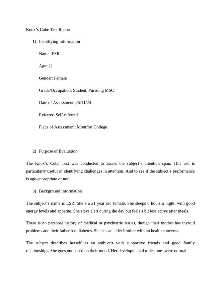 Knox Cube Report | PDF | Psychology | Psychological Concepts
