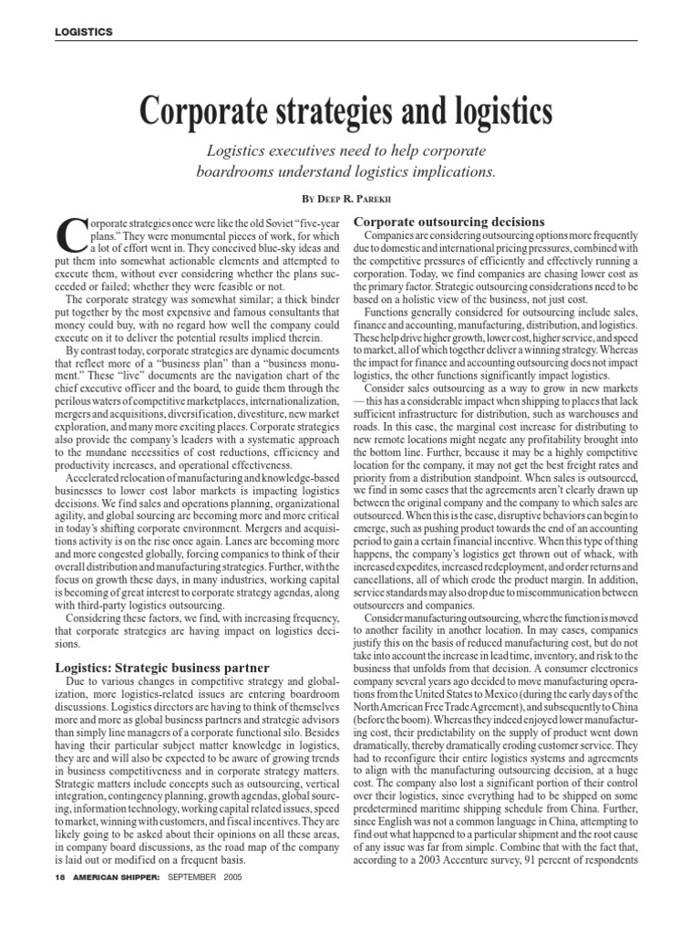 Corporate Strategy and Logistics | PDF | Logistics | Strategic Management