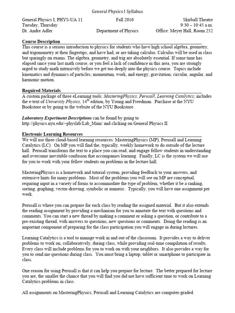 General Physics I Fall 2016 Syllabus | PDF | Friction | Newton's Laws Of Motion