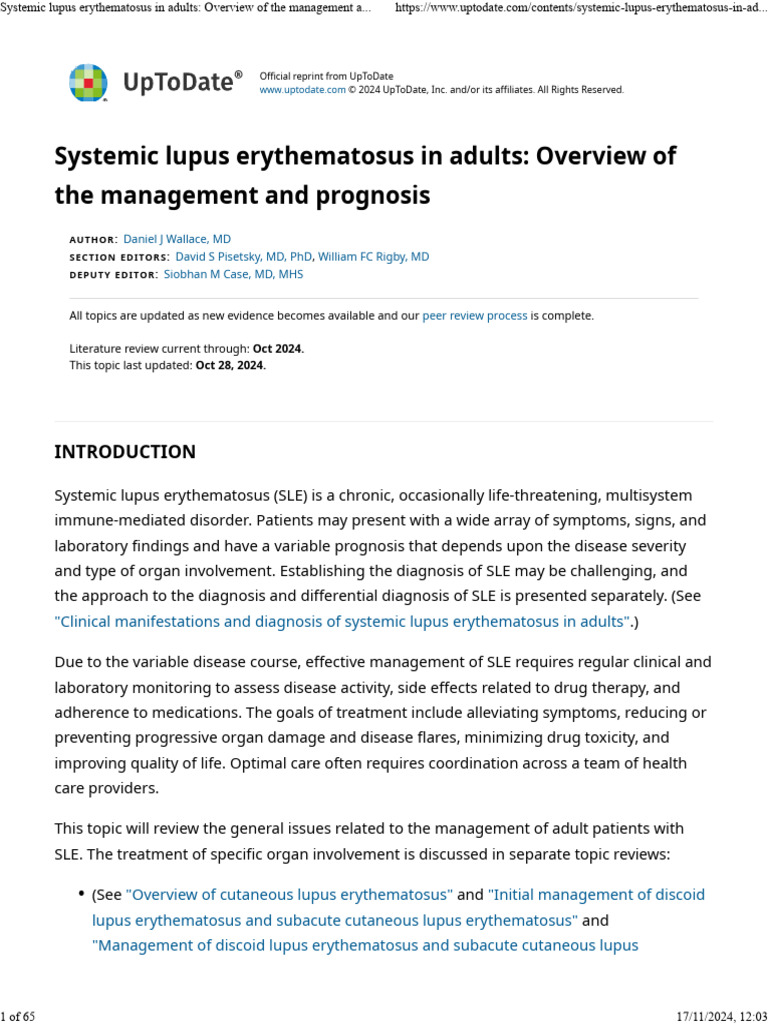 Systemic Lupus Erythematosus in Adults - Overview of The Management and Prognosis - UpToDate ...