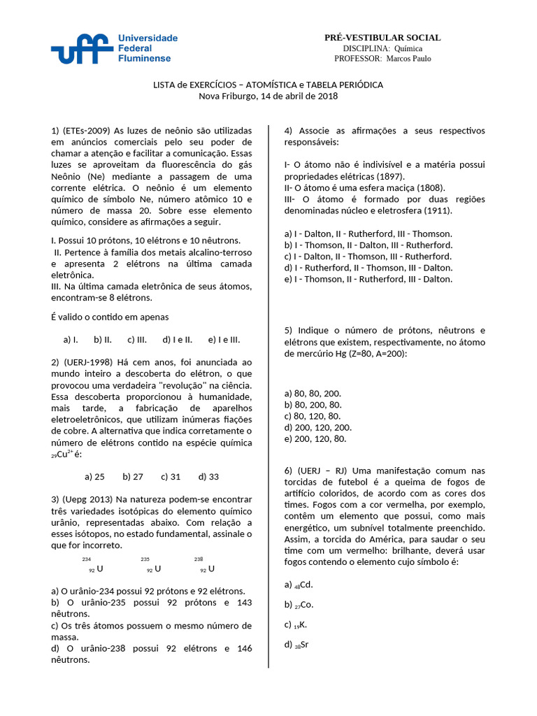 Exercícios de Química: Atomística e Tabela Periódica | PDF | Tabela ...