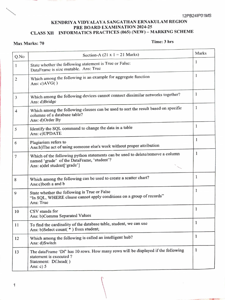 PB 1 IP Answer Key 2024 | PDF | Computer Network | Data Management Software
