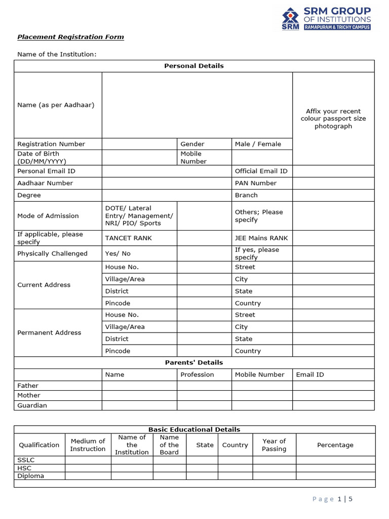 Placement Registration Form - SRM RMP & TRC | PDF