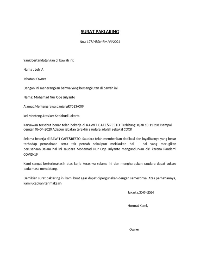 CONTOH-SURAT-PAKLARING[1] | PDF