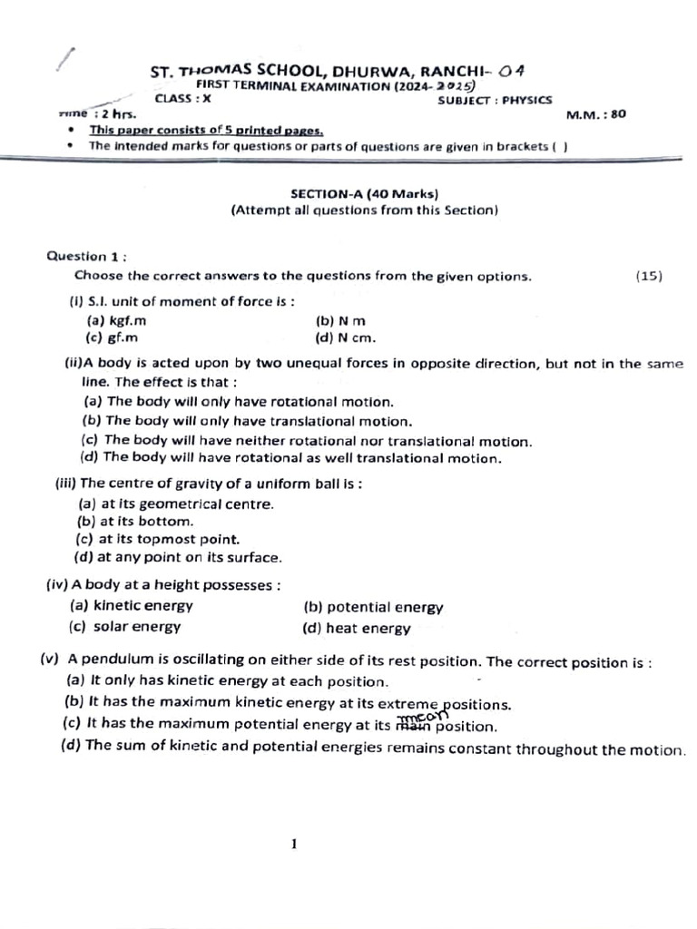 24-25 X Phy Term 1 STS RANCHI | PDF