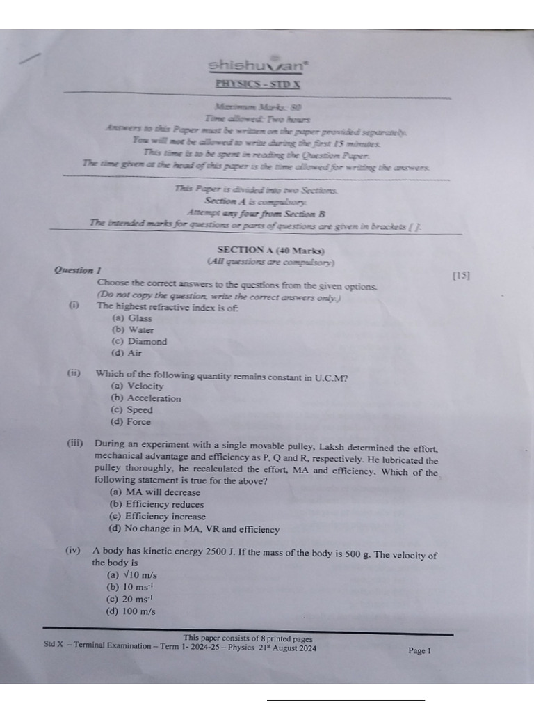 24-25 X Phy Term 1 Shishuvan | PDF