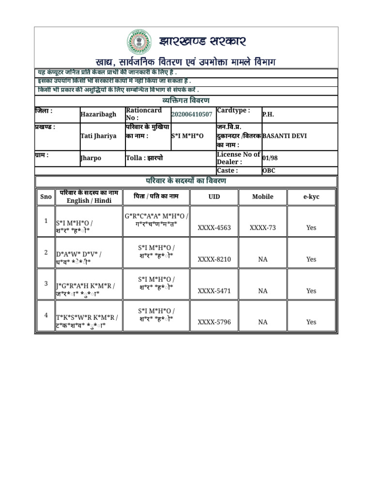 Jharkhand Government E-Ration Card | PDF