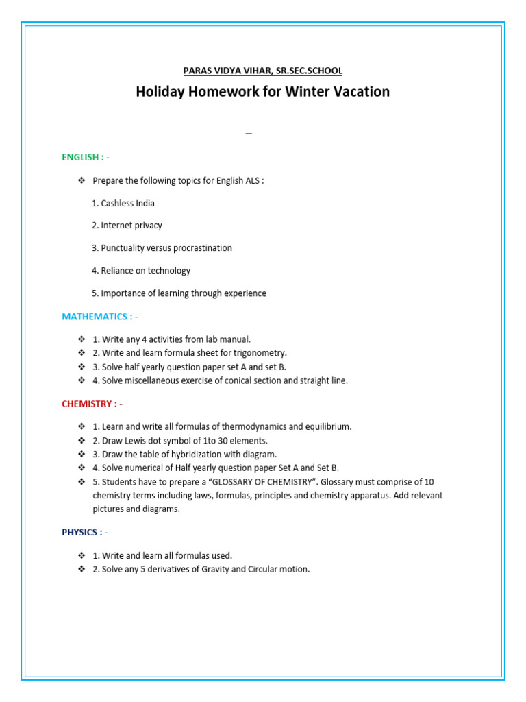 CLASS 11 (a & B) Winter Vacation | PDF