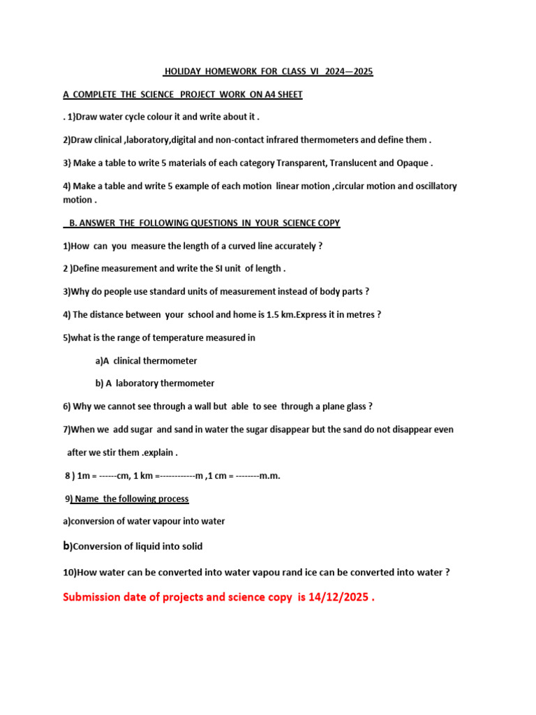 Winter Holiday Homework For Class Vi 2024-2025 | PDF