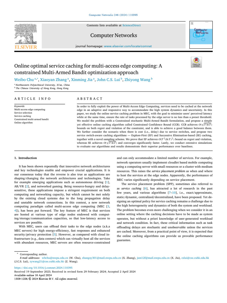 Online Optimal Service Caching For Multi Access Edge Computing - 2024 - Computer | PDF | Cache ...