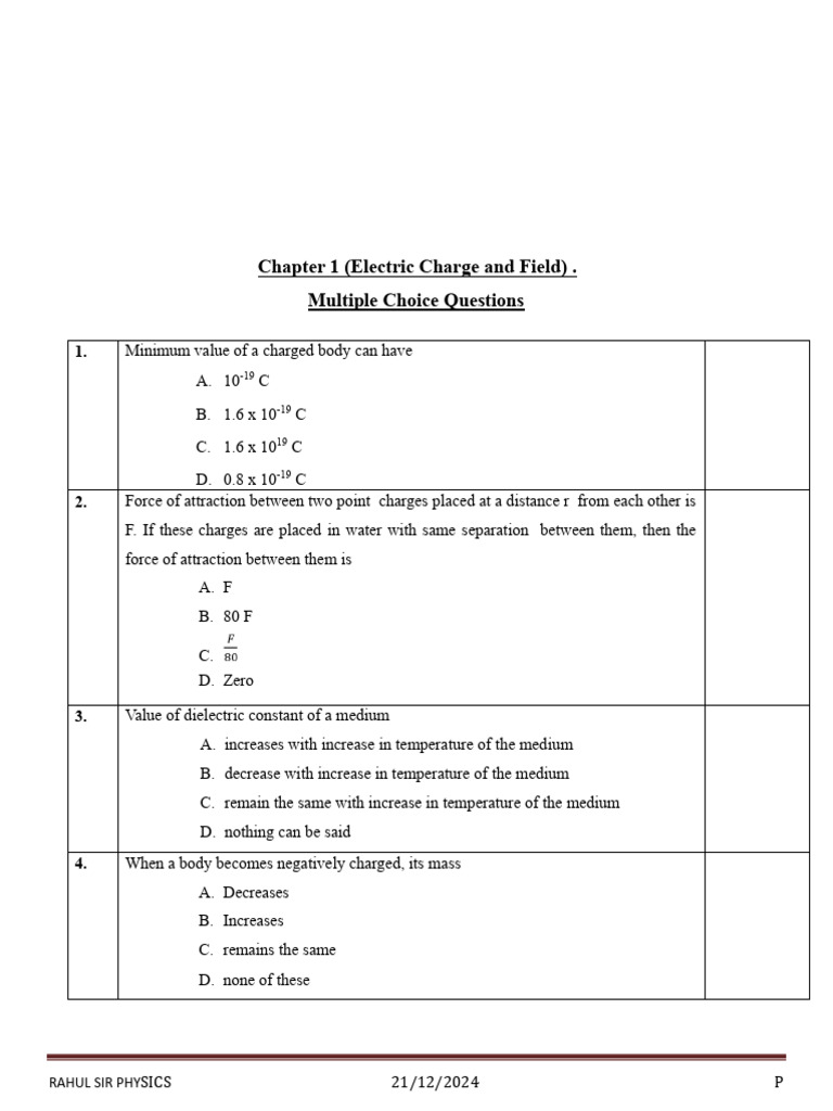 Electrostatic MCQ Test (21-12-24) | PDF | Electric Charge | Atoms