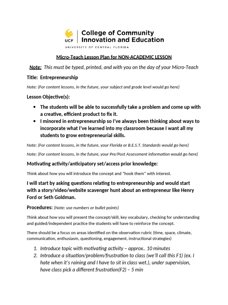 Lesson Plan 2022-3 | PDF | Entrepreneurship | Lesson Plan