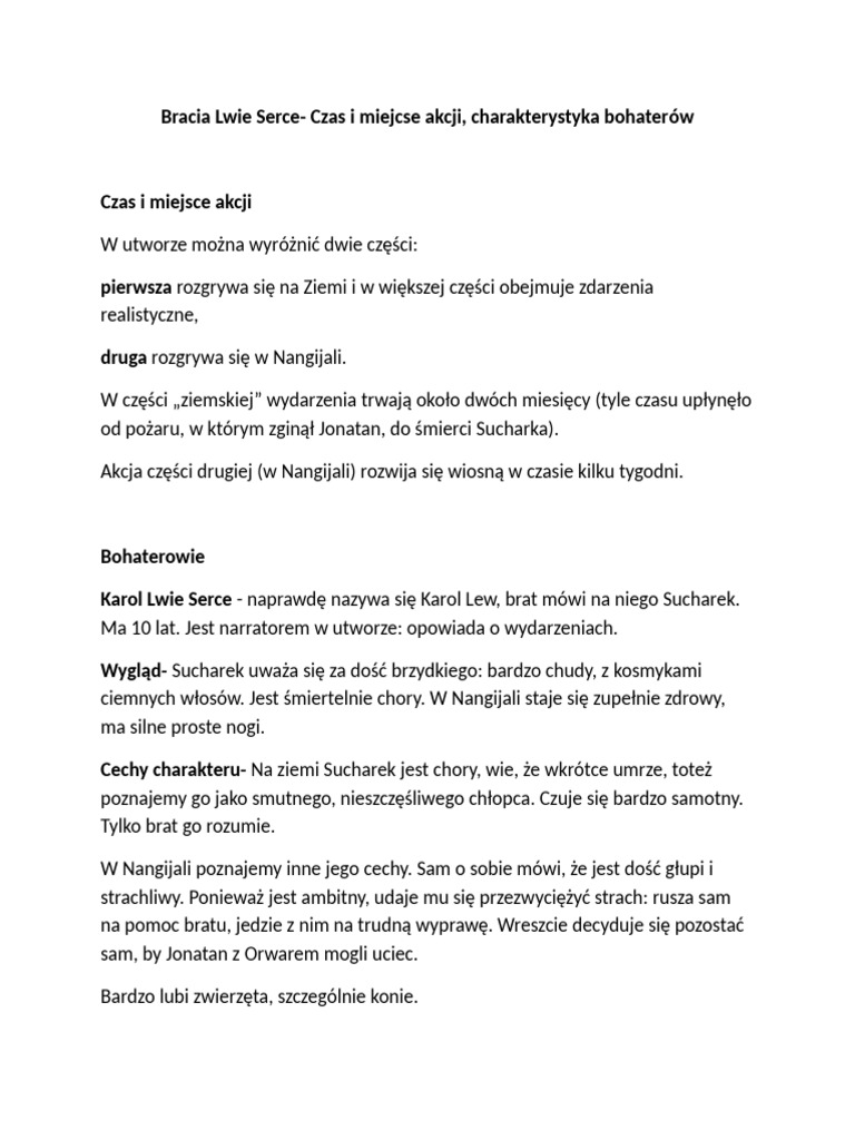 Bracia Lwie Serce Bohaterowie, Czas I Kiejsce Akcji | PDF