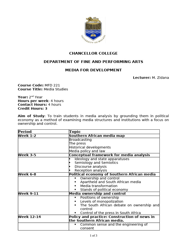 MFD 221.media Studies. Course Outline.2023 | PDF | Semiotics | Malawi