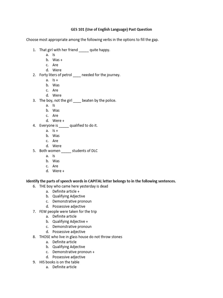 GES 101 All Past Questions @JoshSherlock | PDF | Adjective | Pronoun