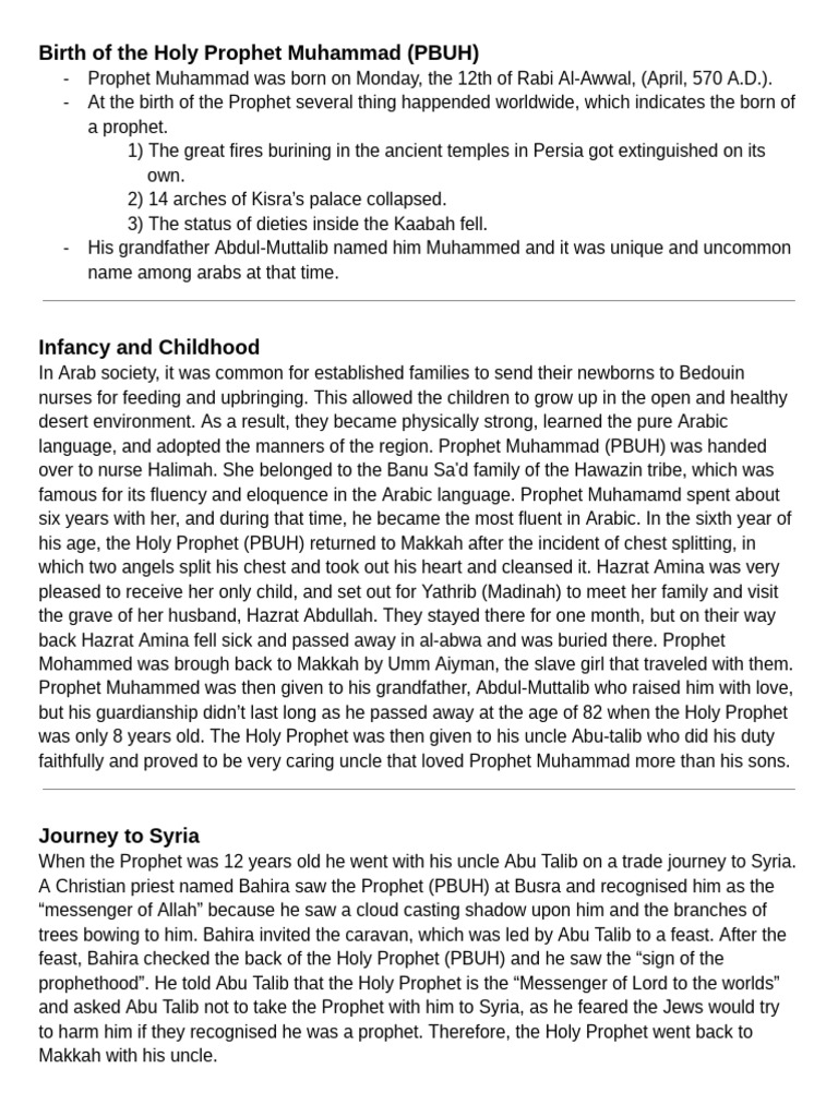 Islamiyat-Birth, Infancy and Childhood of The Prophet IGCSE | PDF