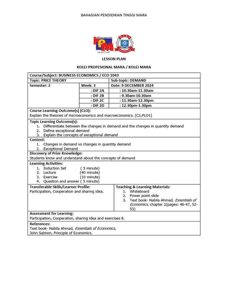 Business Economics Lesson Plan: Demand & Supply | PDF | Economics | Demand