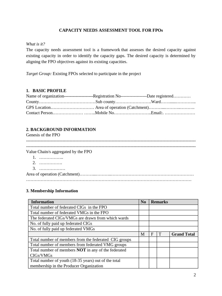 5) Capacity Needs Assessment Tool For Fpos | PDF | Banks | Needs Assessment