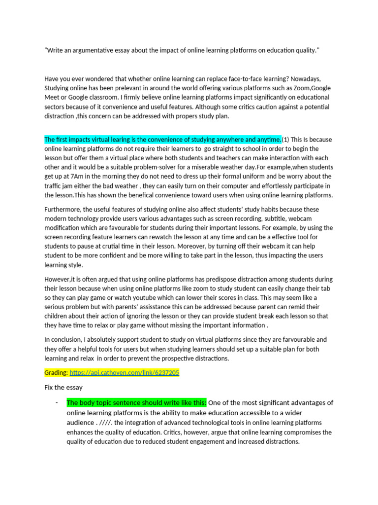 Write an argumentative essay about the impact of online learning platforms on education quality ...