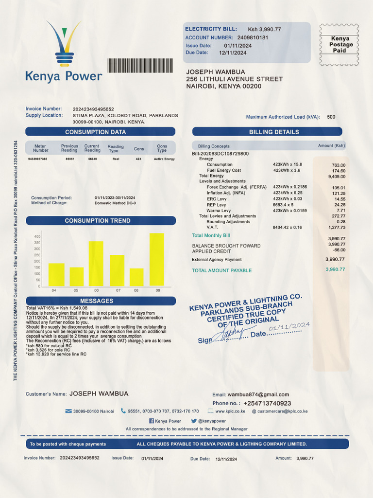 JOSHUA WAMBUA KPLC November bill | PDF