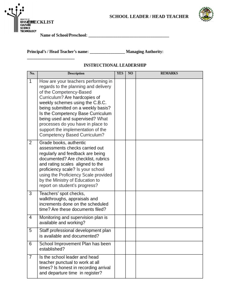 Instructional Leadership Checklist | PDF | Teachers | Behavior Modification