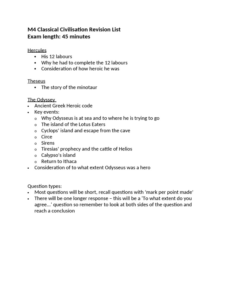 M4 Classical Civilisation Revision List | PDF
