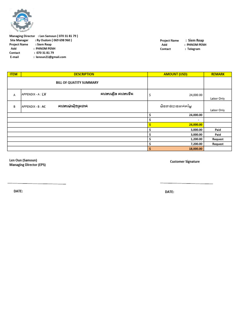 Summary Payment Electrcal & Plumbing (Siem Reap) | PDF