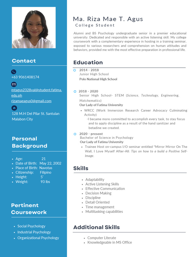 Agus_Ma.-Riza-Mae-CV | PDF | Psychology | Science